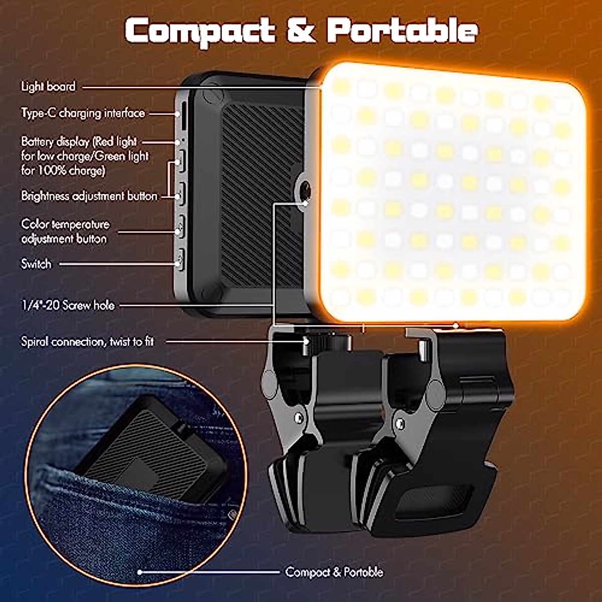 UBeesize Selfie Light for Phone, 80 LED Video Fill Light with Clip for iPhone, Laptop, 3 Light Modes 10 Level Brightness Portable Travel Light for Tiktok, Selfie, Vlog, Live Stream,Make Up,Photography