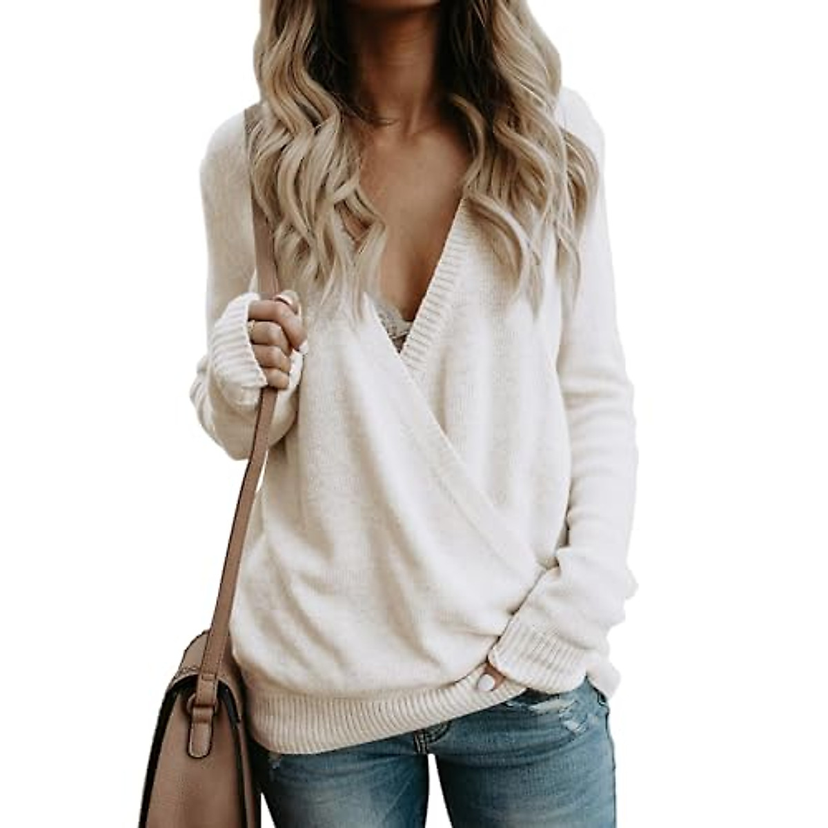 softome Womens Knitted Deep V-Neck Long Sleeve Wrap Front Loose Sweater Pullover Jumper Tops A-Beige