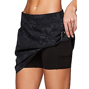 RBX Active Fashion Camo Skort for Women, Quick Drying Flat-Front Woven Running/Tennis/Golf/Pickleball Skort with Zipper Pocket S21 Black Camo M