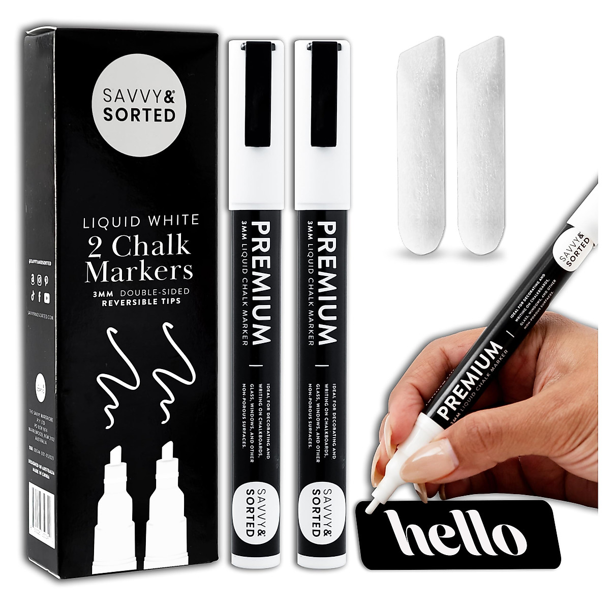Erasable Liquid Chalk Markers White 2PK - Fine Tip Chalk Marker for Chalkboard - Bright Ink & Easy to Erase - 3mm Reversible Tip for Bullet or Chisel Point - White Bistro Chalk Markers for Blackboard