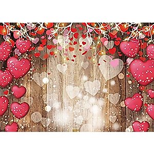 Dudaacvt 7x5ft Valentine's Day Backdrop Rustic Wood Red Love Heart Background for Mother's Day Wedding Bridal Shower Party Decor Banner Portrait Photo Studio Booth Props D480