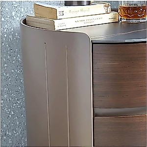 Round Bedside Table Slate Top Modern Nightstand W/ 2 Drawer End Table Side Table Solid Wood Bedside Cabinet for Bedroom Living Room Decor