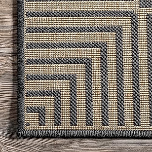 nuLOOM 7' Round Outdoor Area Rug, Casual Design With Striped Border, Stain Resistant, Highly Durable, For Patio, Balcony, Bedroom, Living Room, Dining Room, Bathroom, Dark Grey