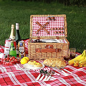 Wicker Picnic Basket for 2 Person, Willow Hamper Basket Sets with Insulated Compartment, Handmade 2 Person Picnic Basket Classical Red Check with Utensils Cutlery Perfect for Picnic, Camping