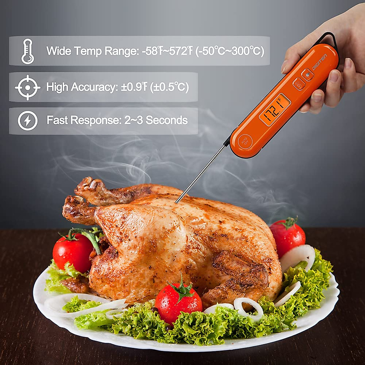 Digital Instant Read Meat Thermometer, Waterproof Foldable Probe, for BBQ, Kitchen, Food Cooking, Candy Making, Deep Fry, Grill, Cheese Making and Roast Turkey, Orange