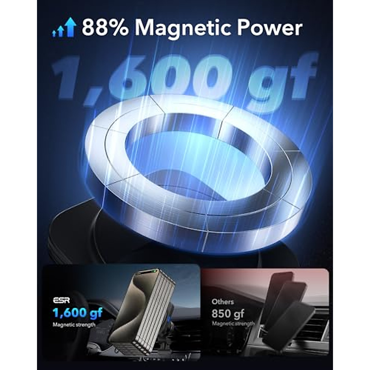 ESR for MagSafe Car Mount Charger, 15W Magnetic Wireless Car Charger, for MagSafe Car Charger, Air Vent Phone Holder for iPhone 16/15/14/13/12, Galaxy S25/S25 Ultra, with 36W QC 3.0 Fast Car Charger