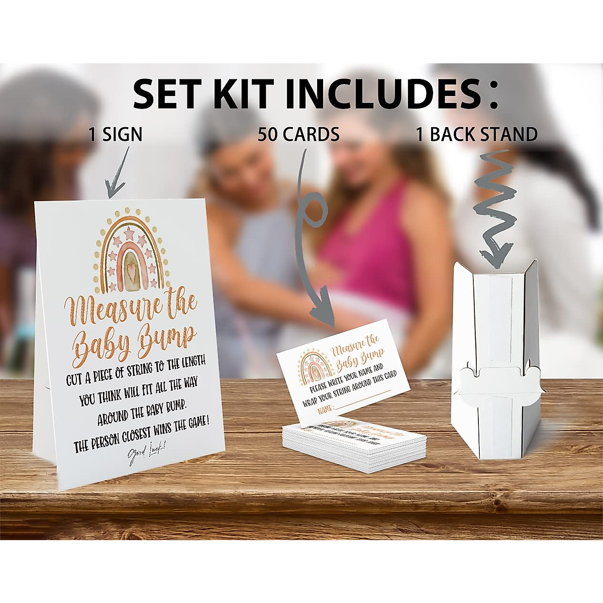 How Big is Mommys Belly Game, Measure Mommy's Belly Sign(Sign 8x10 Inch), Boho Rainbow Theme Baby Shower Games, Baby Showers Decorations, 1 Standing Sign + 50 Guessing Cards(bump58)