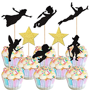 24 PCS Peter Pan Cupcake Toppers Glitter Star Do Not Grow Up Night Fairy Tales Neverland Elf Girl Cupcake Picks for Baby Shower Birthday Party Cake Decorations Supplies Gold Black
