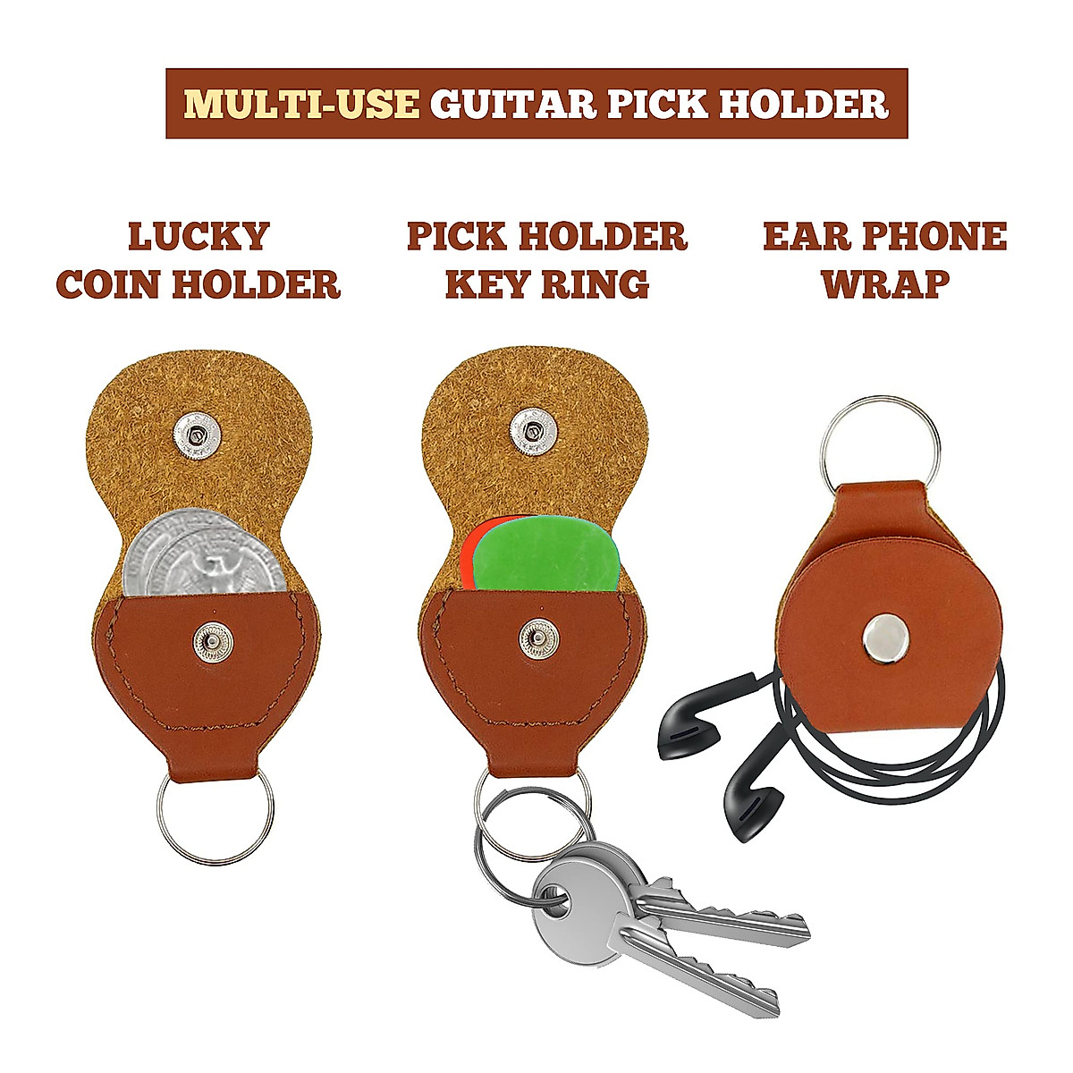 Performore Guitar Pick Keychain Holder, 2 Pcs Multicolor Leather Guitar Pick Holders with Metal Snap Closure, Store and Organize Music Accessories for Musicians