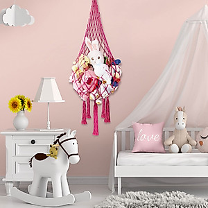 Stuffed Animal Net or Hammock Handmade Large Macrame Toy Display Hammock Organizer for Corners, Walls and Ceiling Hanging Plushie Net Toys Holder for Kids Room Boho Storage(Rose Red