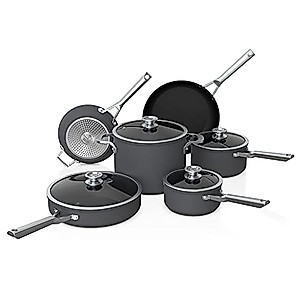 Ninja K32014 Foodi NeverDull Premium Knife System, 14 Piece Set, Stainless Steel/Black & C59500 Foodi NeverStick Premium 10-Piece Cookware Set, Anti-Scratch Nesting Pots & Pans, Slate Grey