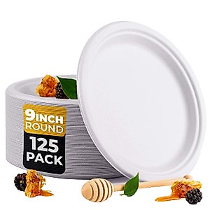 Beeleeve [125-Pack / 9-Inch 100% Compostable Disposable Round Bagasse Paper Plates - Biodegradable Sugarcane Fibre - Strong Heavy Duty Rigid Design - Sustainable & Food-Grade - White