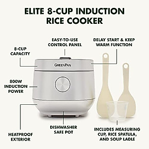GreenPan Stainless Steel Healthy Ceramic Nonstick 8-Cup Rice Oats Grains & Soup Cooker, Induction Heating for Consistent Results, Dishwasher Safe Pot, Includes Spatula Ladle & Measuring Cup