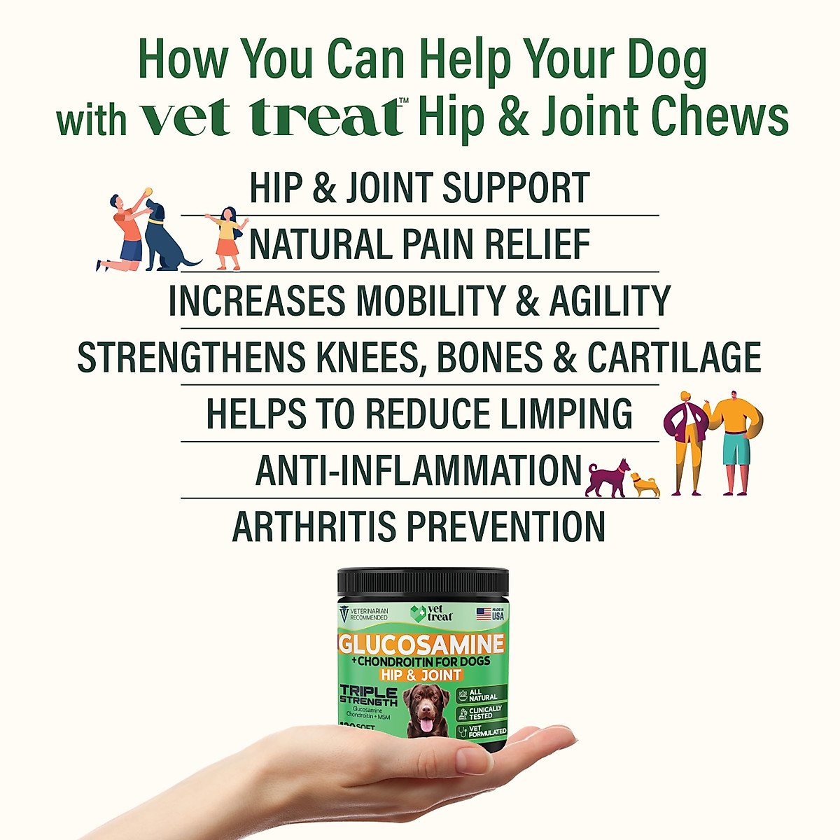 Hemp Hip and Joint Supplement for Dogs - Glucosamine for Dogs -Made in USA- 120 Treats Pain Relief Anti Inflammatory - Chondroitin, MSM, Hemp Oil - Dog Joint Supplement w/Arthritis Relief + Mobility
