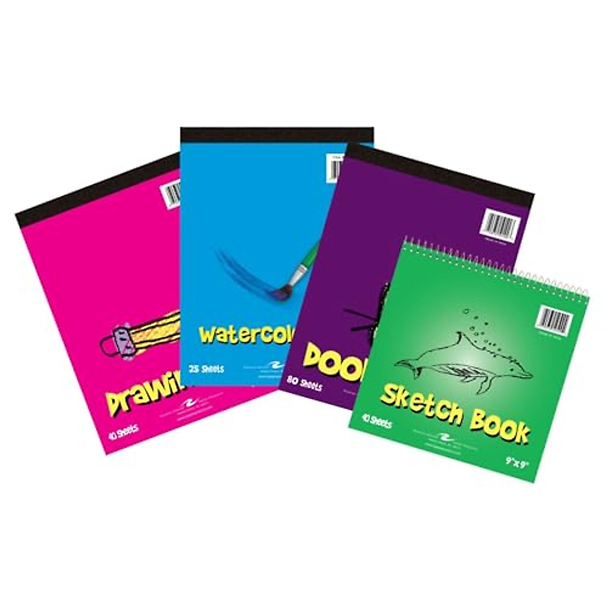Roaring Spring Kid's Art Variety Pack, One Each - Doodle Pad, Drawing Pad, Sketch Book & Watercolor Pad, 4 Art Pads