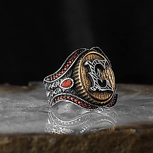 Handmade Personalized Men Silver Ring 925 Solid Sterling Silver Garnet Stone Men's Ring Handcrafted Customizable Letter Ring Monogram Silver Ring