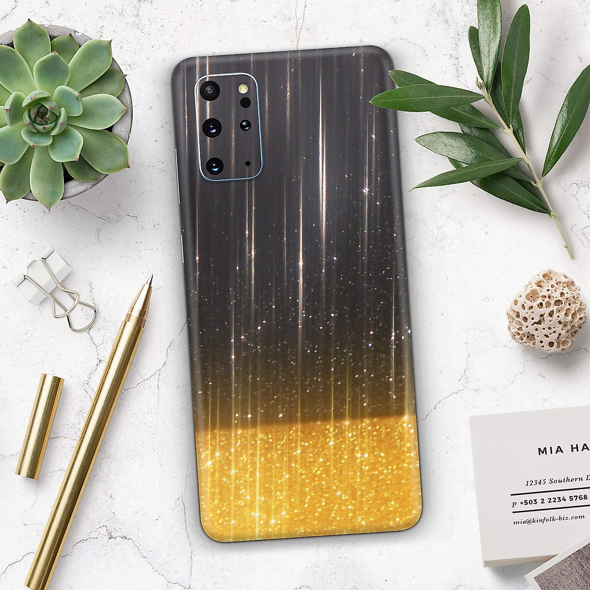 DesignSkinz Scratched Surface with Glowing Gold Sparkle Protective Vinyl Decal Wrap Skin Cover Compatible with The Samsung Galaxy S20 (Screen Trim & Back Glass Skin)