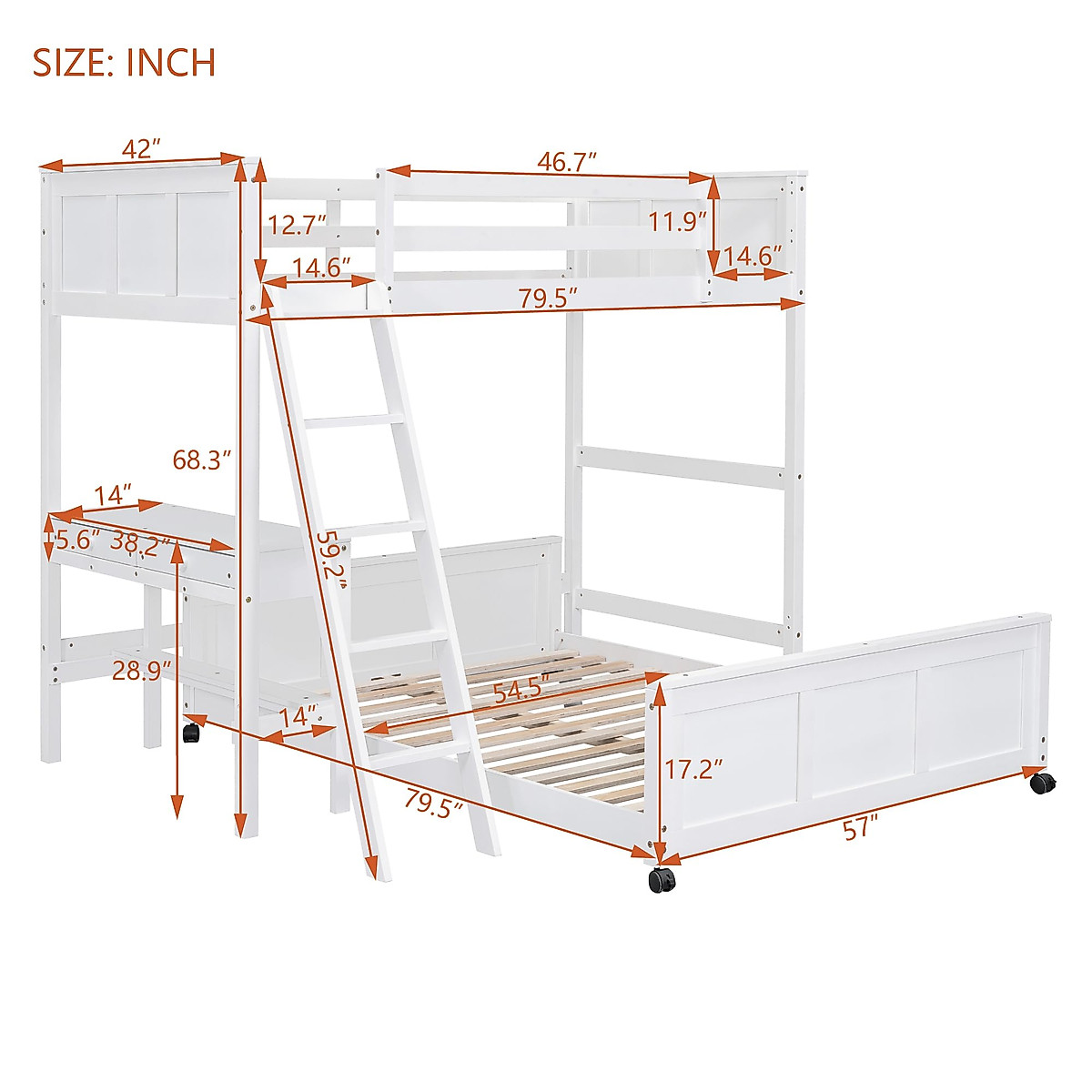 SOFTSEA L-Shaped Loft Bunk Bed with Small Desk 2 Beds in One Solid Wood Bunk Beds with 4 Wheels