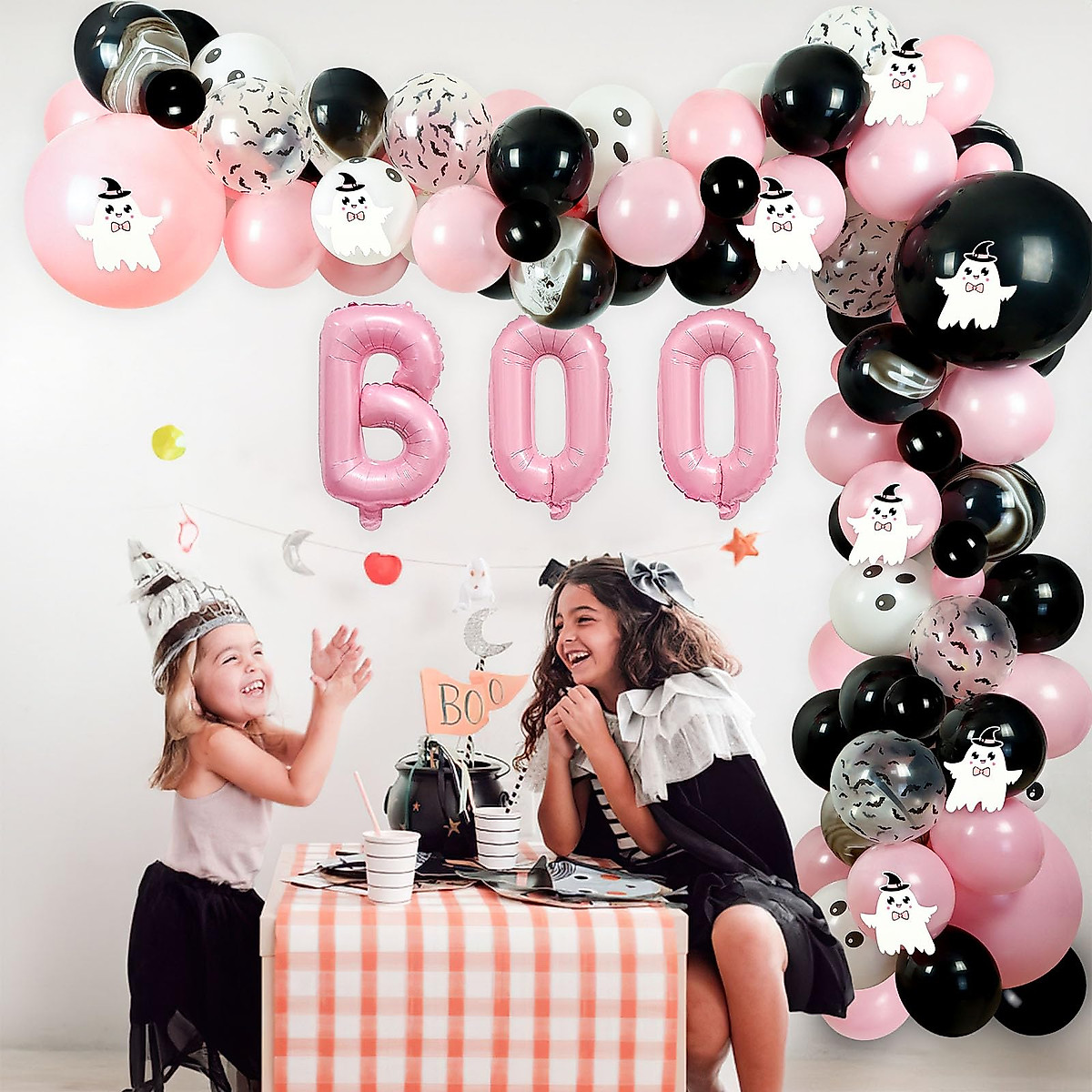 Halloween Balloon Arch Garland Kit, 122Pcs Pink Black Halloween Balloons Decorations with Ghost-pattern Cards for Halloween Themed Baby Shower Decorations Halloween Day Party Decorations