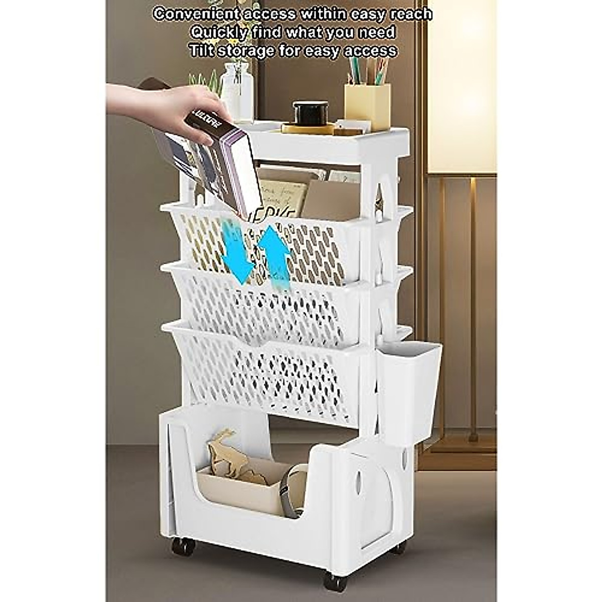DULRLLY 5 Layer Rolling Book Cart for Teachers Movable Rolling Utility Storage Cart with Wheels Small Book Rack Storage Bookshelf Mobile Book Shelf Bookcase Organizer for Office Classroom(White)