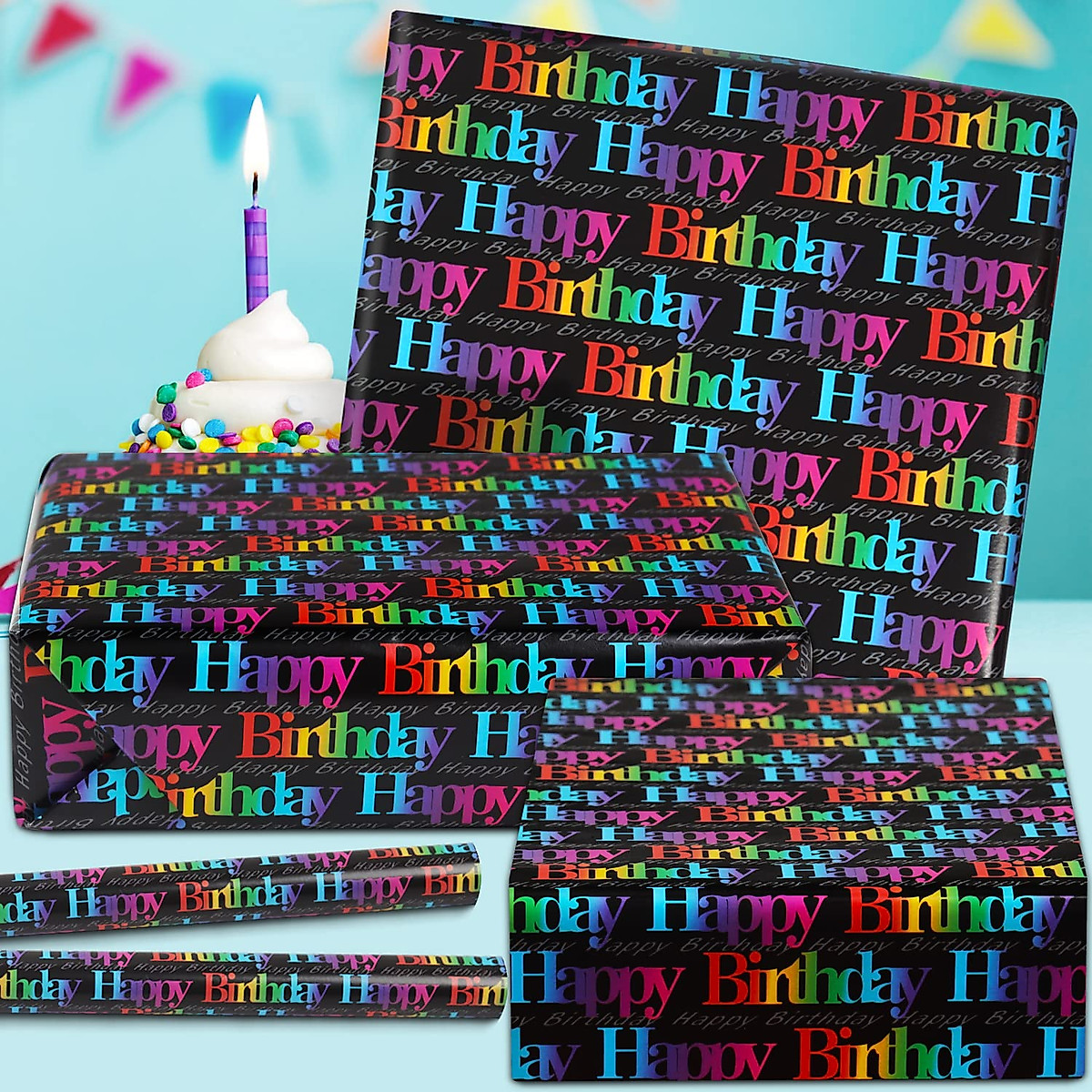 Happy Birthday Wrapping Paper for Girls Boys Kids Women Men, Gradient Color Birthday Wrapping Paper with Cut Lines on Reverse, 7 Sheets Happy Birthday Gift Wrap Folded Flat 20x28 inches