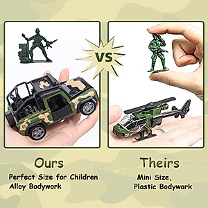 Die-cast Military Vehicles Toy Set, 6 Pack Alloy Army Toys Playset with Army Men Action Figures, Tank, Panzer, Helicopter, Truck, Submarine for Kids Boys Toddlers