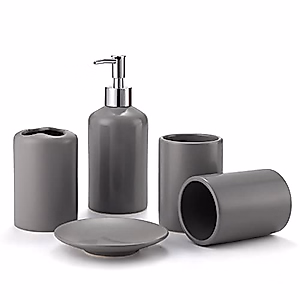 Ceramic Bathroom Accessories Set 5 Pieces, Grey Bathroom Accessory Set Complete, Lotion Dispenser Toothbrush Holder 2 Tumblers Soap Dish Classic Grey Matte for Bath Countertop Organizer Decor, SAIURE