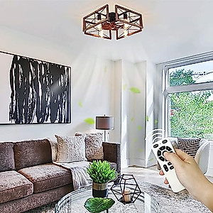 Capslpad 20''Farmhouse Flush Mount Ceiling Fan with Light and Remote Control,Industry Wood Low Profile Fan Rustic Industrial Caged Indoor Ceiling Fan for Bedroom Living Room Kitchen (4-Light)