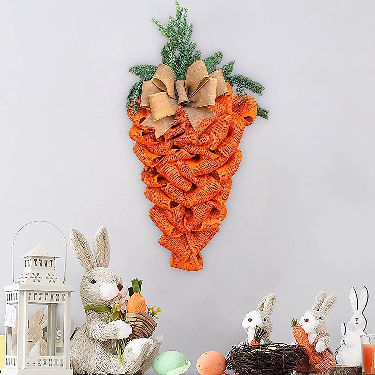 Easter Bunny Carrot Shape Wreath for Front Door Decoration,Artificial Carrot Wreath with Burlap Bow Simulation Carrot Hanging Wreath,for Home Festival Decor,Spring Garden Decoration,Easter Gift