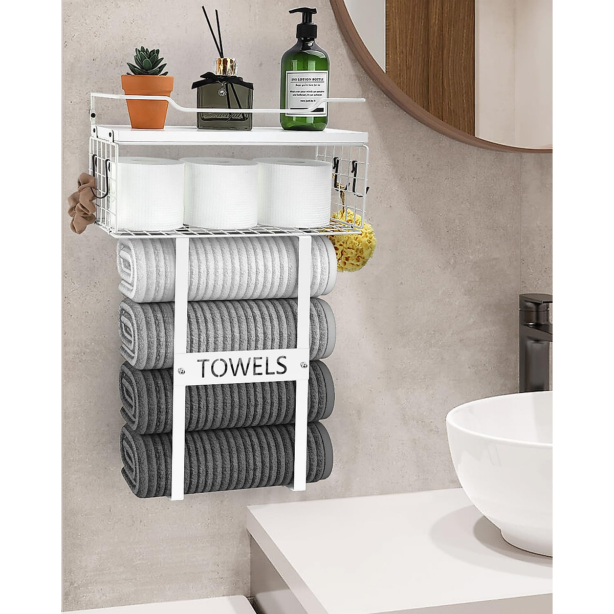 Towel Racks for Bathroom Wall Mounted - Bath Wall Towel Holder Set Above Toilet Storage, Rolled Towel Shelf Organizer for Small Bathroom All White, Wood Vertical Towel Rack for Bathroom Wall Decor
