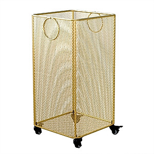 Gold basket,Rolling Laundry Basket on Wheels, Gold hamper,Gold Metal Basket with Wheels,Metal Rolling Laundry Basket Cart, Yoga mat storage rack,Wire laundry basket with wheels,Gold laundry basket(Squ