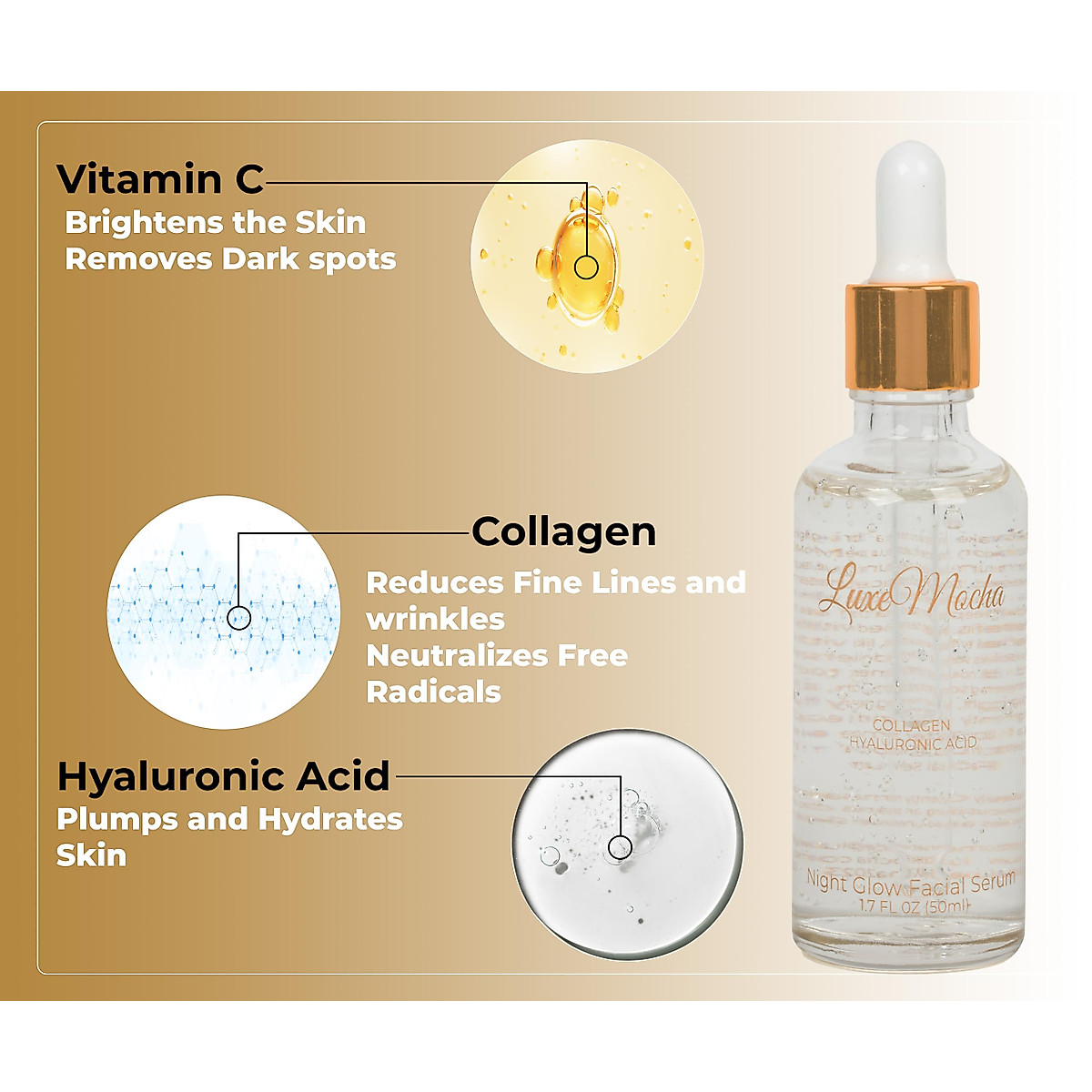 Night Glow Facial Serum – With Hyaluronic Acid, Collagen & Vitamin C | Skin Brightening, Reduces Fine Lines, Wrinkles, dark spots, Heals & Repairs Skin by LuxeMocha (1.7 fl oz)