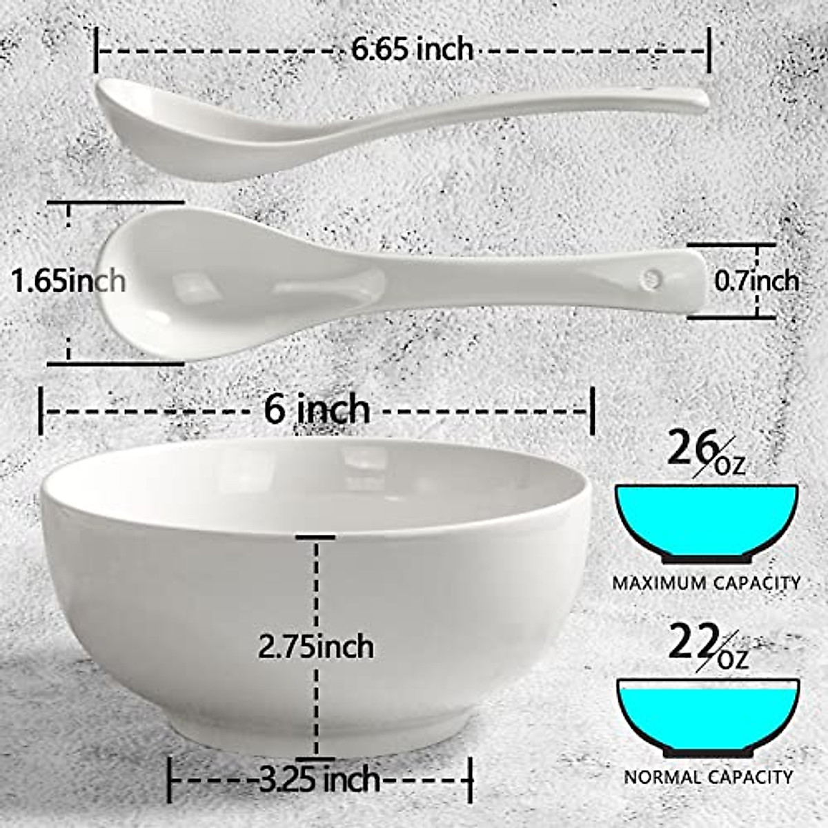 Artena Asian Soup Bowls with Spoons Set of 4, 26 oz Pasta, Ramen, Pho Bowls and Soup Spoons Set, Advanced Porcelain Elegant White Cereal Bowls for Kitchen, Dishwasher Microwave Oven Safe Bowls