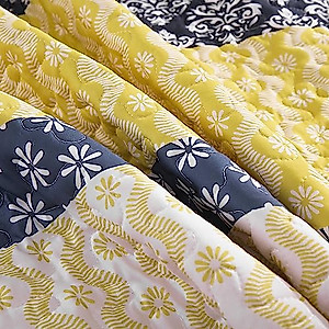 Boho Quilt Set Queen Size Yellow Bohemian Quilt Bedding Set Striped Lightweight Summer Bedspread Coverlet Bedding Set 96"x90" (3 Pieces)
