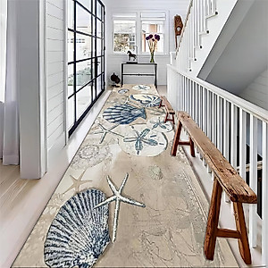MUOUCTE Nautical Ocean Theme Runner Rug, 2x10ft, Tropical Beach Shell Long Hallway Runner Rug, Anti-Slip Durable Soft Entrance Rug, Fade Resistant Washable Carpet for Nursery Kitchen Bedside