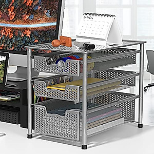 Simple Houseware Stackable 3 Tier Sliding Basket Organizer Drawer, Silver