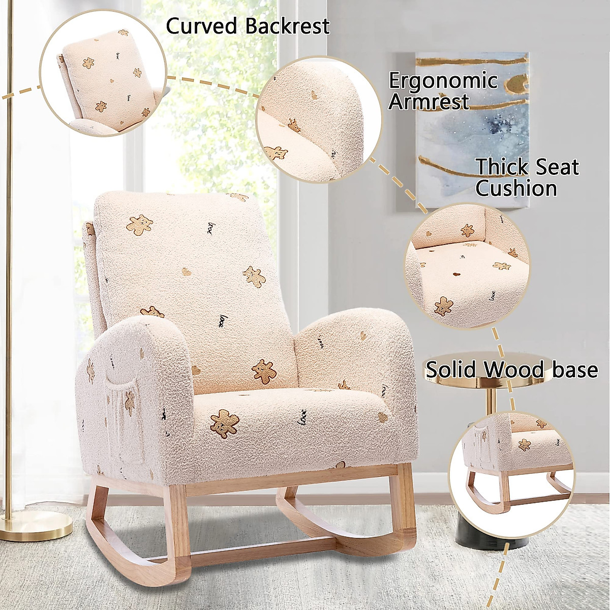 Pvillez Nursery Rocking Chairs, Upholstered Nursery Glider Rocker for Baby and Kids, Comfy Armchair with Side Pocket, Living Room Lounge Arm Chair Sofa Chair, High Backrest with Cute Pattern, Beige