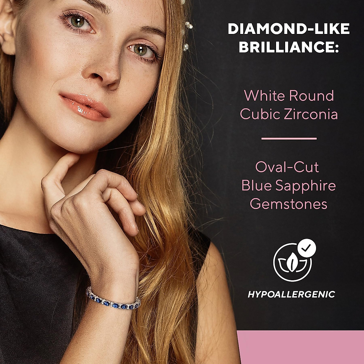 KEZEF Tennis Bracelets For Women - Cubic Zirconia - Oval 7x5mm Blue Sapphire Gemstones - Round 2.50mm White CZ - Silver Plated Brass - 7 Inch - Hypoallergenic Bracelets