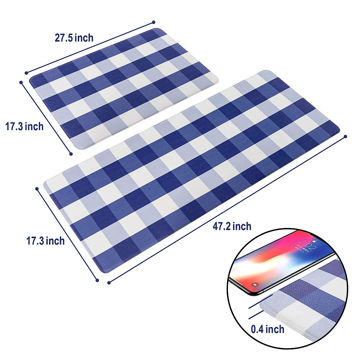 Carvapet Buffalo Plaid Kitchen Mat 2 PCS Cushioned Anti-Fatigue Kitchen Rug Waterproof Non-Slip PVC Ergonomic Comfort Standing Foam Mats for Office Laundry, Blue&White, 17.3''x27.5''+17.3''x47.2''