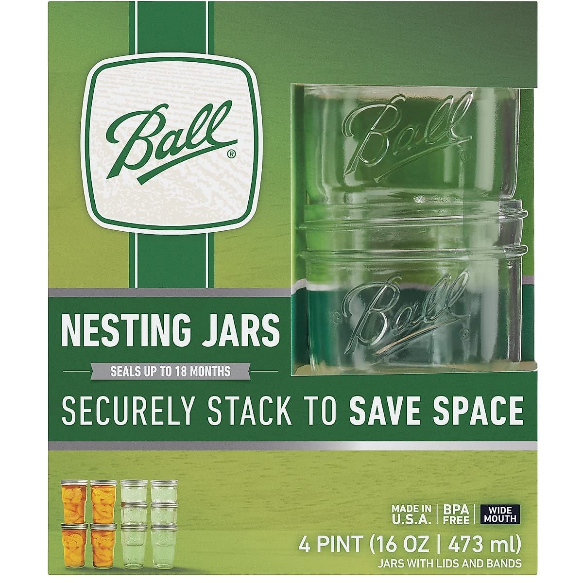 Ball Glass Nesting Mason Jars with Lids & Bands, Wide Mouth, Pint Size (Pack of 4)