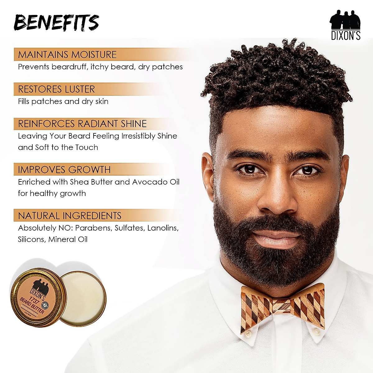 Dixon's 1737 Beard Butter, Beard Care with Moisturizing Balm, Patches Filling Dry Beard Solution, Paraben, Sulfate, and Petroleum-Free for Natural Grooming Bliss, (2oz)