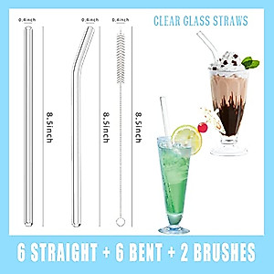 Glass Straws,12-Pack Reusable Glass Drinking Straws, Size 8.5''x10 MM, Including 6 Straight and 6 Bent with 2 Cleaning Brush, Clear Glass Straws Reusable