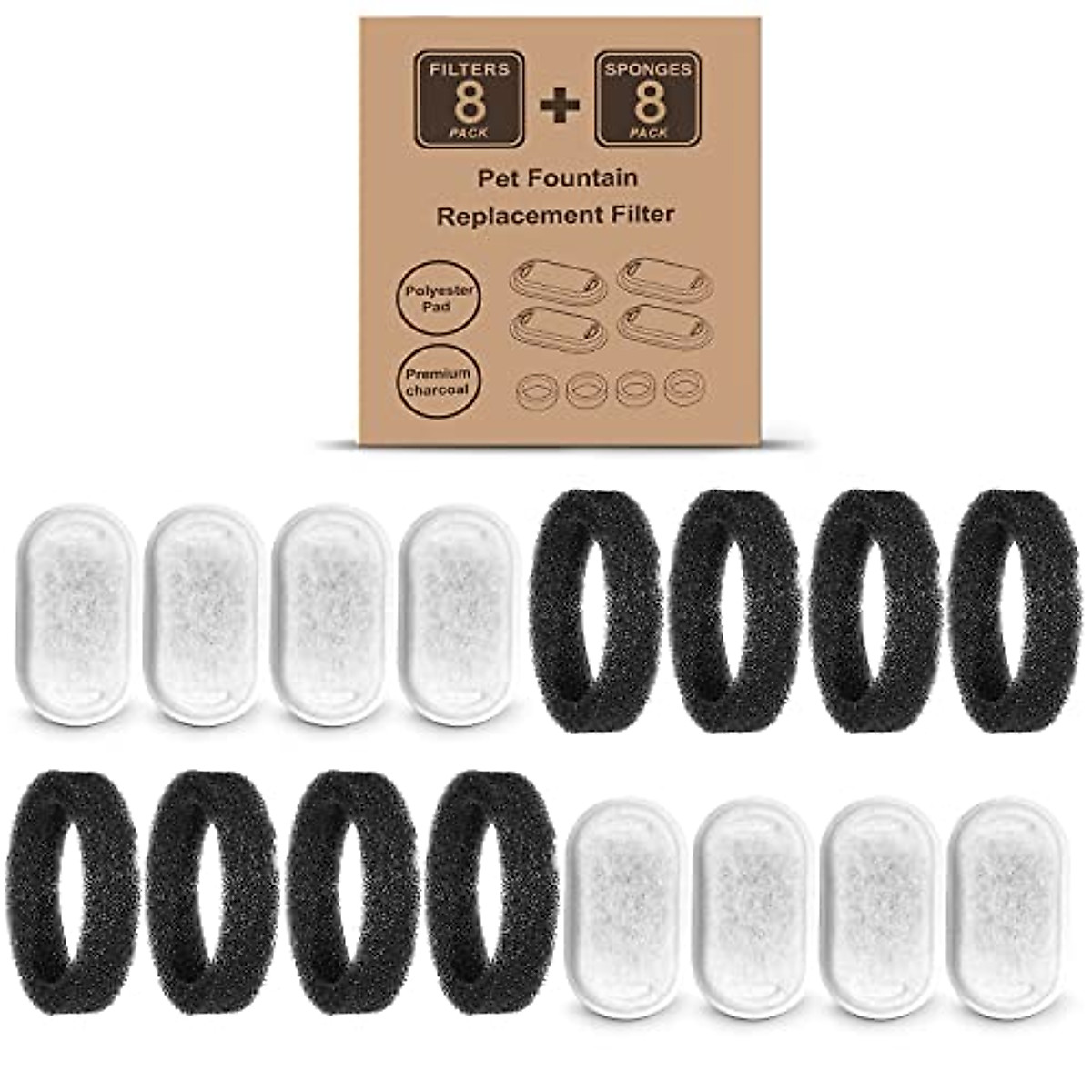 Cat Water Fountain Filters for 108/3.2L& 67oz/2L Stainless Steel Pet Water Dispenser Fountain Filters,8 Cat Fountain Filter Replacement with 8 Sponges (8 Filters&8 Sponges)