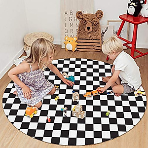 Olivefox Round Area Rugs Modern Black and White Checkered Lattice Pattern Super Soft Indoor Stain-Proof Carpet Floor Mat Anti-Skid Runner Rugs for Home Living Room, Bedroom, Dining Room, 5 Feet