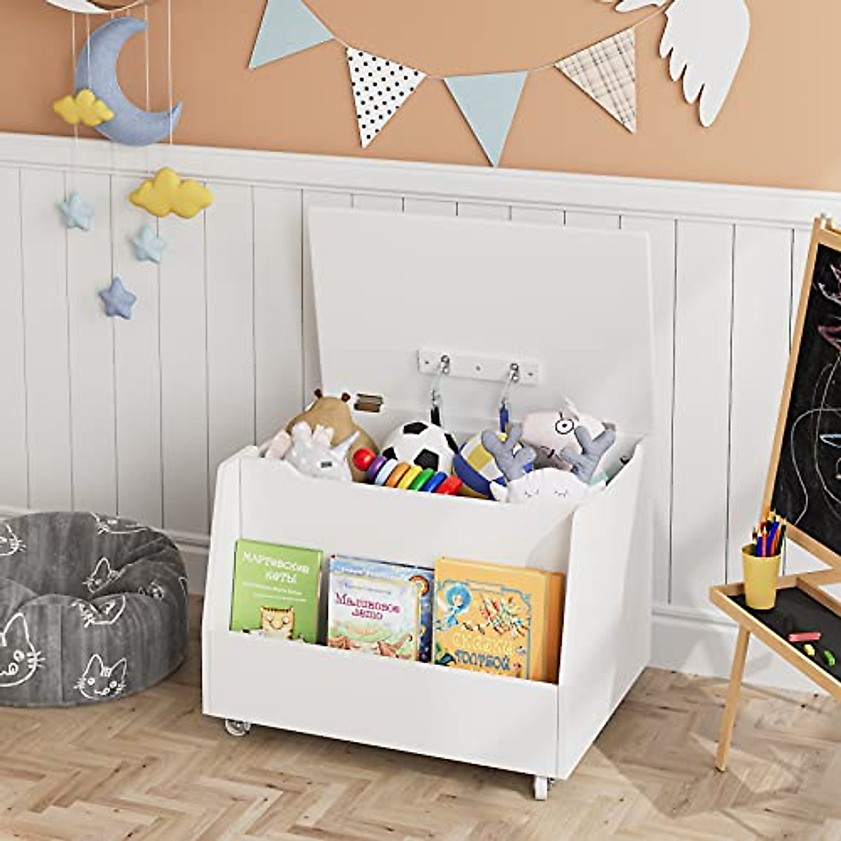 URKNO Kids Toy Box, Wooden Toy Storage Chest with Safety Hinges Lid for Girls Boys, Toy Storage Organizer Bench with Bookshelf for Toddler Room, Nursery, Bedroom, Playroom, Living Room, White