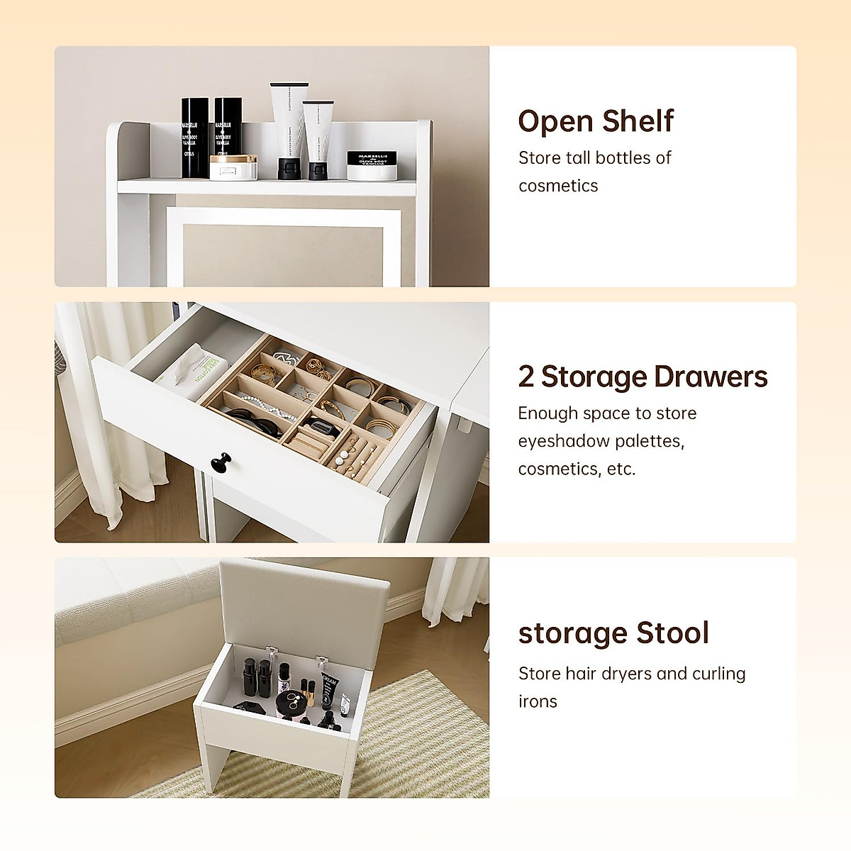 oneinmil Small Vanity Desk Set with LED Lighted Mirror & Power Outlet, Makeup Vanity Desk for Small Space, White Dressing Table with Fold-up Panel for Bedroom, 3 Lighting Modes