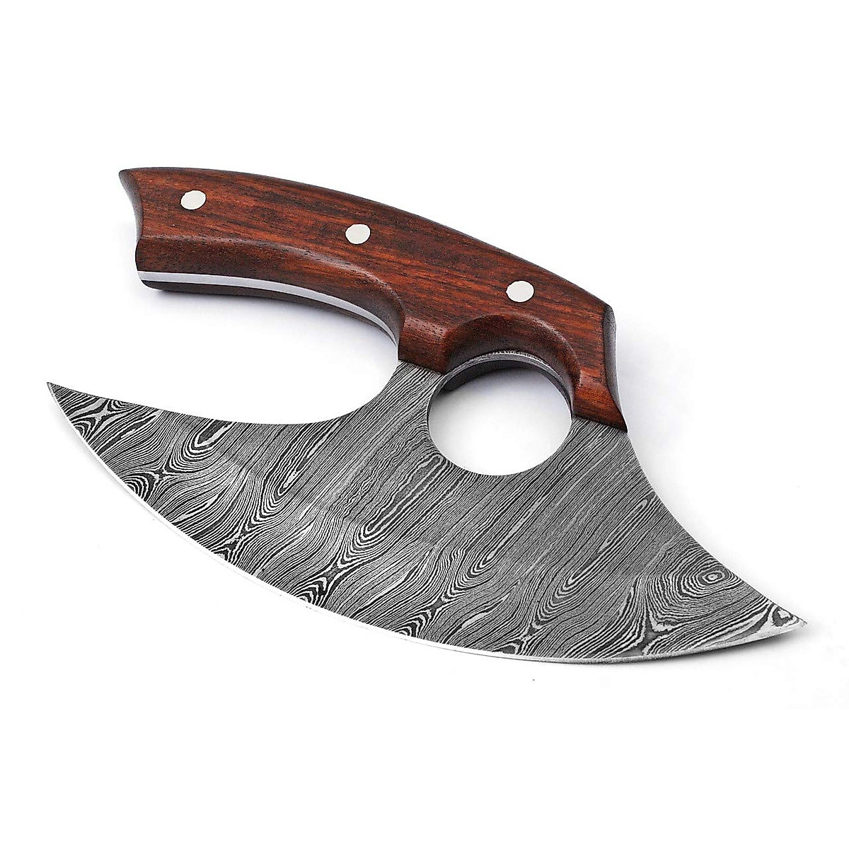 Super Knife Handmade Damascus Steel Ulu Knife - Fixed Blade knife for Chopping Boning Slicing Cutting ,Solid Rose Wood Handle with Leather Sheath, Wood,Steel