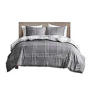 Intelligent Design Pike Reversible Duvet Set, Cottage Plaid Print, Modern Cabin Lifestyle, All Season Bedding Cover for Comforter with Matching Sham, Full/Queen White/Grey 3 Piece