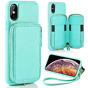 iPhone XR Case, ZVE for iPhone XR Wallet Case with Credit Card Holder Slot Shockproof Protective Leather Wallet Zipper Pocket Purse Handbag Wrist Strap Case for Apple iPhone XR 6.1" (2018) Blue