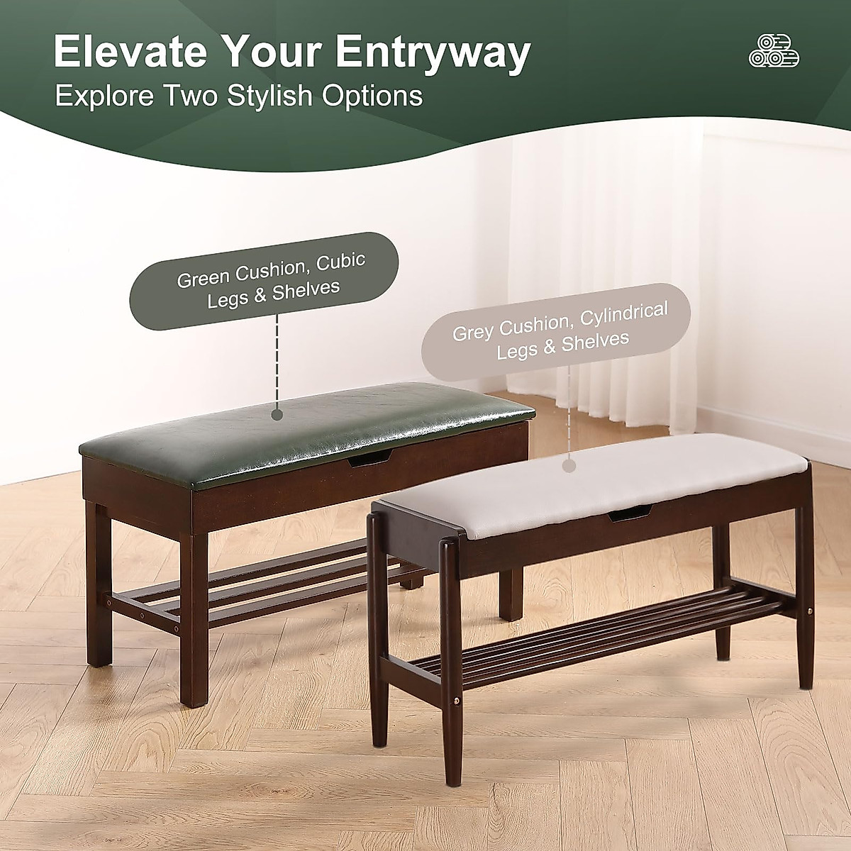 Buzleer Solid Wood Shoe Bench with Lift-Up Cushion Storage 2-Tier Shoe Rack for Front Door Entrance Hallway Benches with Hidden Storage (Walnut Green, 31.5in)